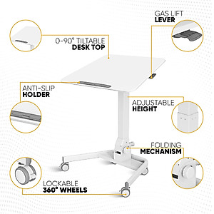 Folding Standing Desk Adjustable Height - Mobile Rolling Laptop Stand Pneumatic Height Adjustable - Foldable Computer Desk Workstation - Portable Mini Standing Desk for Small Office Space