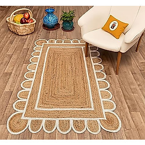 Scalloped Jute Rug 5x7- Natural Boho Bath Mat 2x3- Jute Runner Rug for Kitchen 2.6x6 ft- Seagrass Jute Rug 8x10 for Living Room Area- 3x5 Farmhouse Rugs Indoor/Outdoor (2'x3' Ft, White)