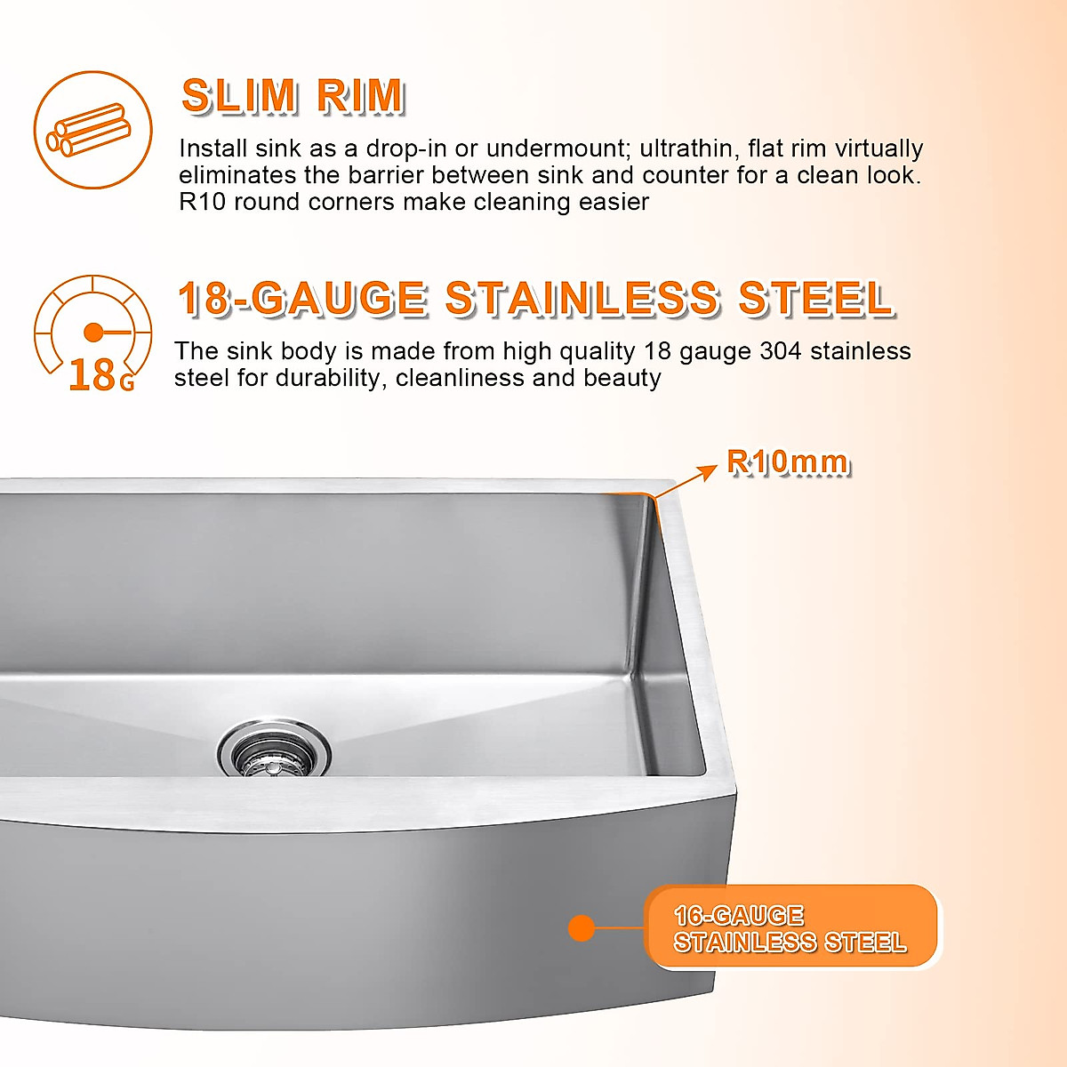 33 Inch Handmade Kitchen Sink Farmhouse Apron Front 18-gauge Stainless Steel Tight Radius, 33" x 22" x 10"