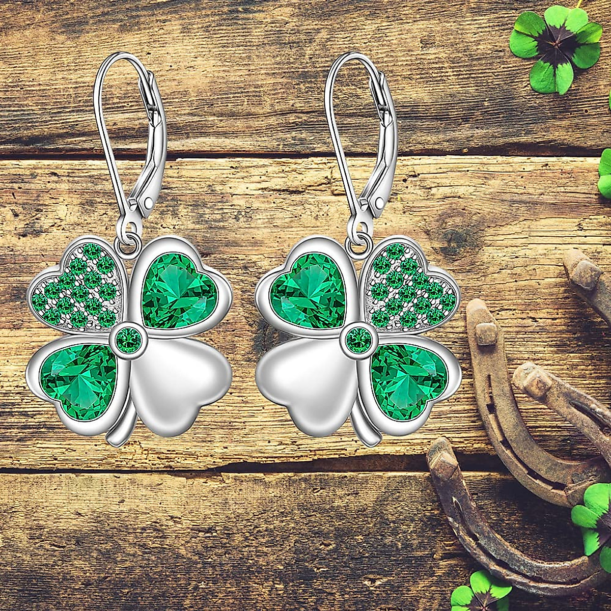 St Patricks Day Shamrock Earrings for Women Sterling Silver Four Leaf Clover Earrings Green Heart Cubic Zirconia Valentine Mothers Day Irish Shamrock Gifts