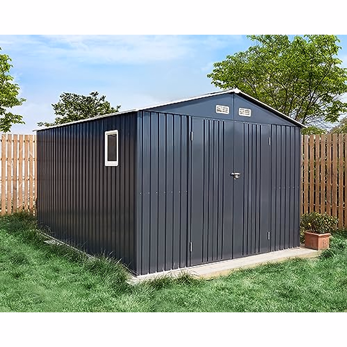 VanAcc 10x12x7.5 FT Outdoor Storage Shed, Galvanized Steel Metal Garden Sheds with 2 Light Transmitting Window and Double Lockable Door, Oversized Tool Sheds for Backyard Patio Dark Grey/White