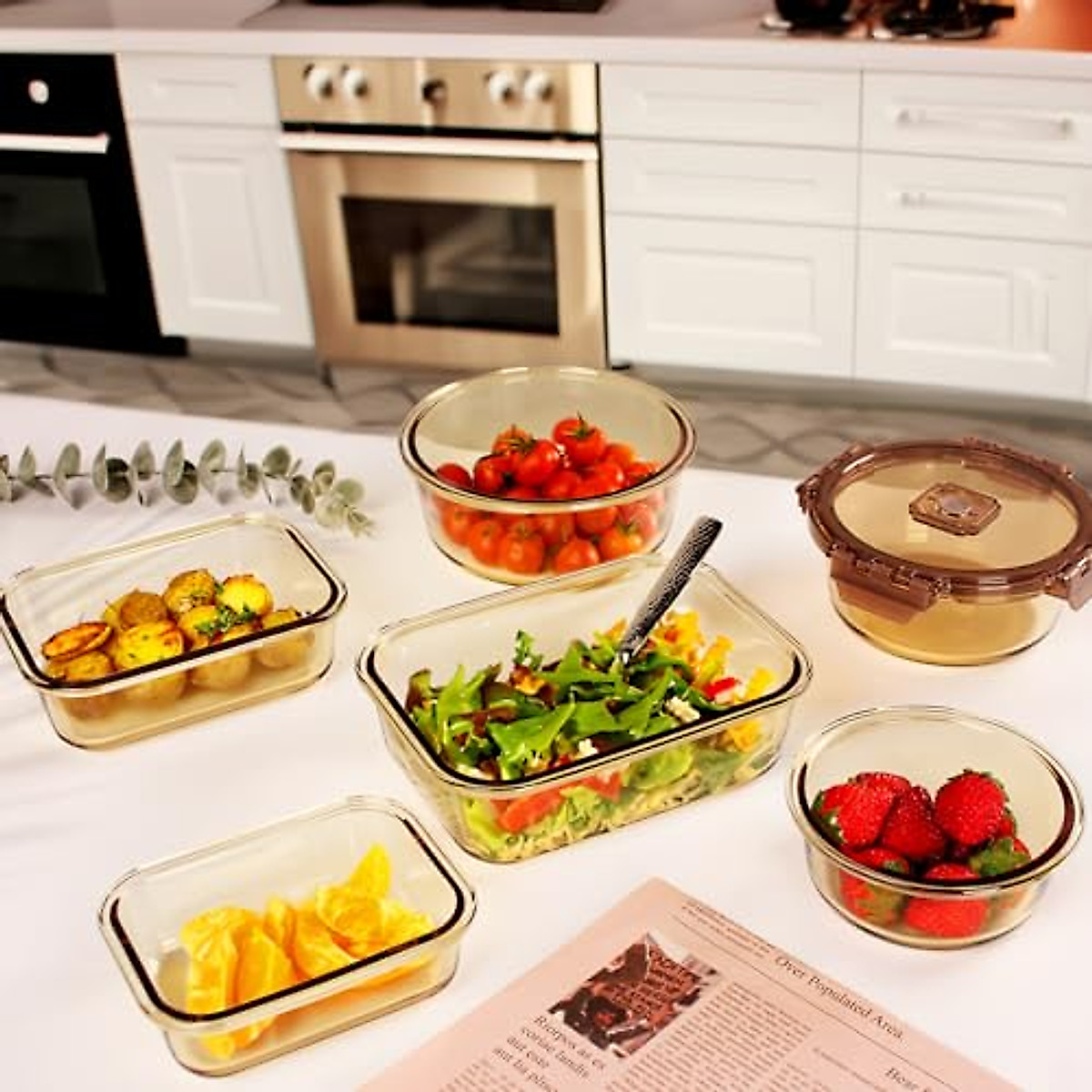 LIUYWYHCF Extra Large Glass Storage/Baking Containers with Lids (6 Pieces Total) Set of 3, Meal Prep Food Airtight and lunch Container, Microwave, Freezer and Dishwasher, Amber Round