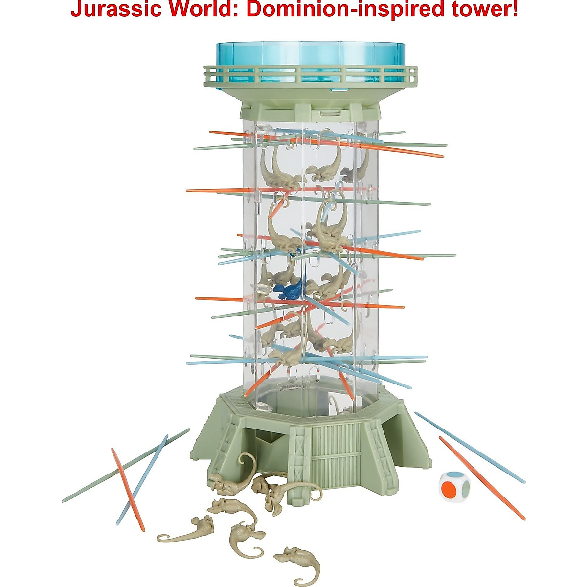 Mattel Games KerPlunk Jurassic World Dominion Kids & Family Game with Velociraptor Dinosaurs, Tower, Sticks, Die & Stickers