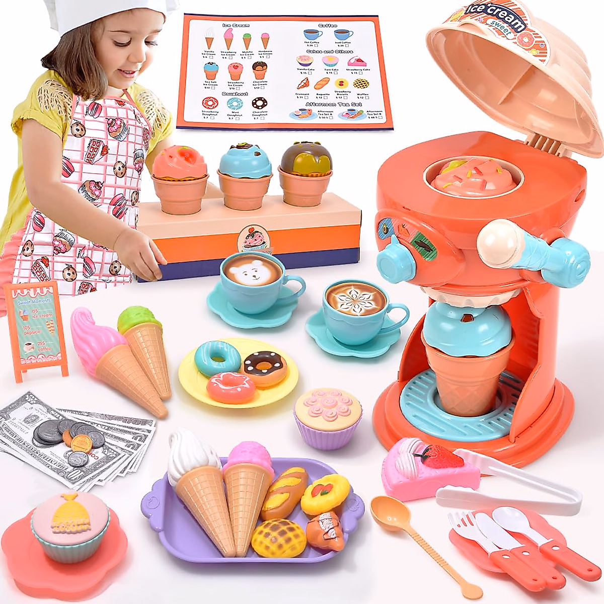 G.C 61Pcs Ice Cream Play Set Toy Kids Toddlers Pretend Play Ice Cream Maker Shop Counter Apron Scoop Dessert Food Kitchen Accessories Playset Girls Boys Birthday Gifts for 3 4 5 6 Years Old
