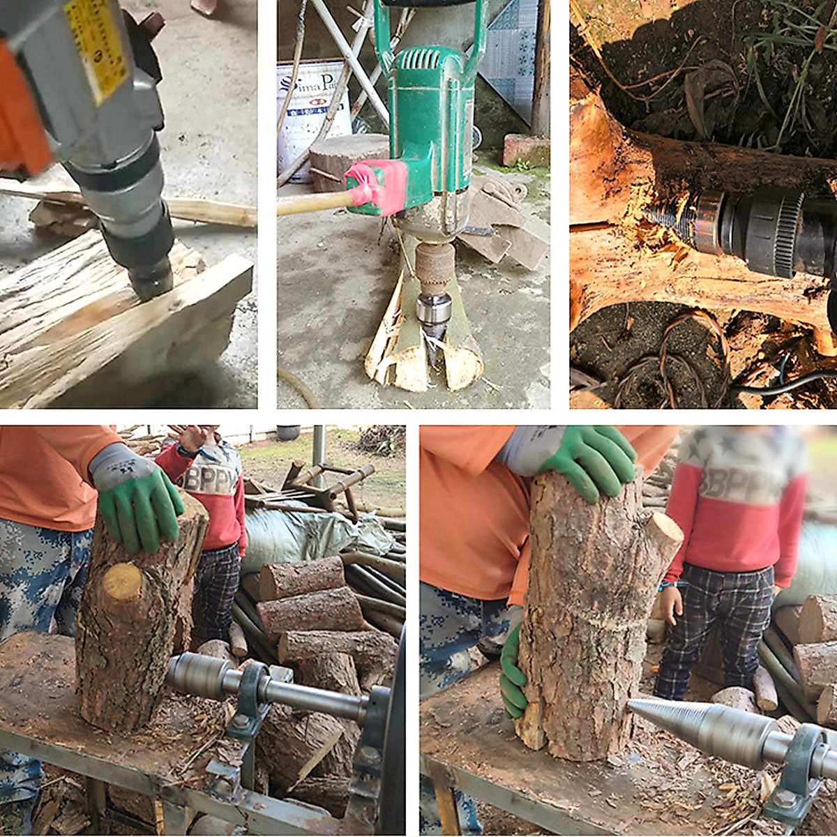 KEWAYO 4pcs Removable Splitting Wood Cone Drill Bit, Wood Splitter Drill Set for Heavy Duty Drill Split Wood Tool and Hand Drill Stick-hex+Square+Round