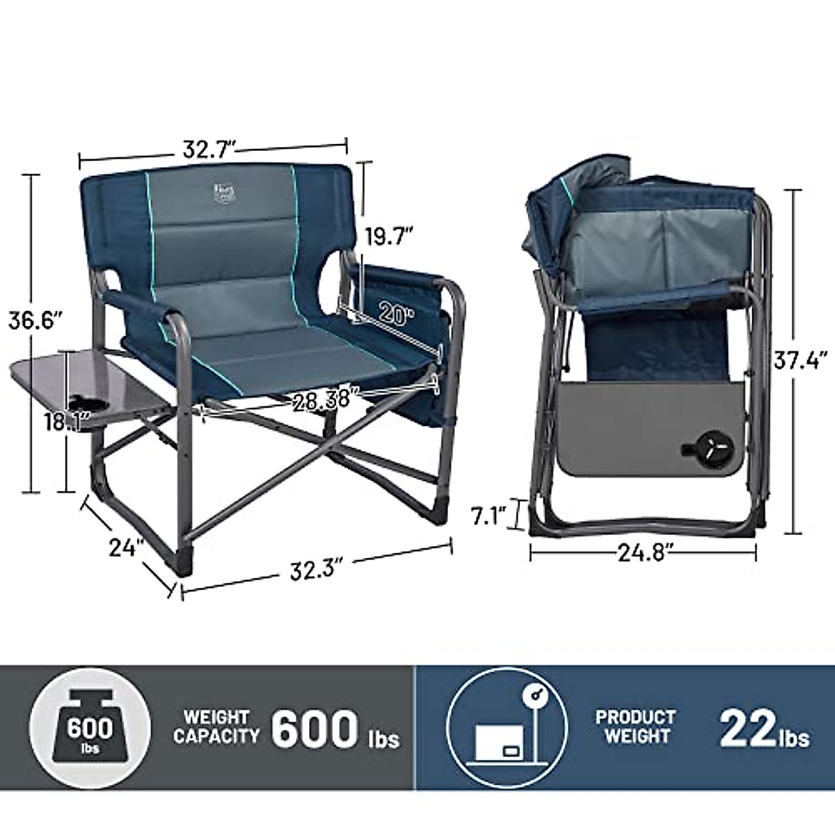 TIMBER RIDGE XXL Upgraded Oversized Directors Chairs with Foldable Side Table, Detachable Side Pocket, Heavy Duty Folding Camping Chair up to 600 Lbs Weight Capacity (Blue) Ideal Gift