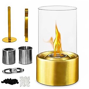 Gold Table top FirePit - Elegant Portable Tabletop Fireplace with Protective Glass & Bioethanol or Alcohol Burner - Perfect for Patio Decor & Housewarming Gifts - Tabletop firepit Indoor & Outdoor.
