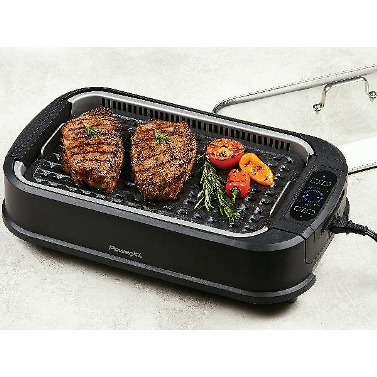 PowerXL Smokeless Grill Family Size- with Tempered Glass Lid with Interchangeable Grill and Griddle Plate and Turbo Speed Smoke Extractor Technology 22.1” X13.2” X 6.1