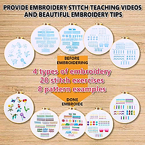 BOZUAN 36 Stitches Embroidery Kit for Beginners, 4 Set Embroidery Stitches Practice Kit, Cross Stitch Kits for Adults with Embroidery Patterns, Beginner Embroidery Kit, Embroidery Kits for Adults