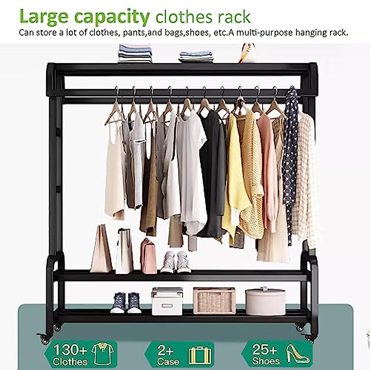 HM&DX Clothes Rack with Wheels,Double Rods Clothing Rack for Hanging Clothes,Heavy Duty Clothes Garment Racks,Industrial Pipe Clothes Rack,Metal Rolling Clothing Racks Organizer for Clothes Shoes