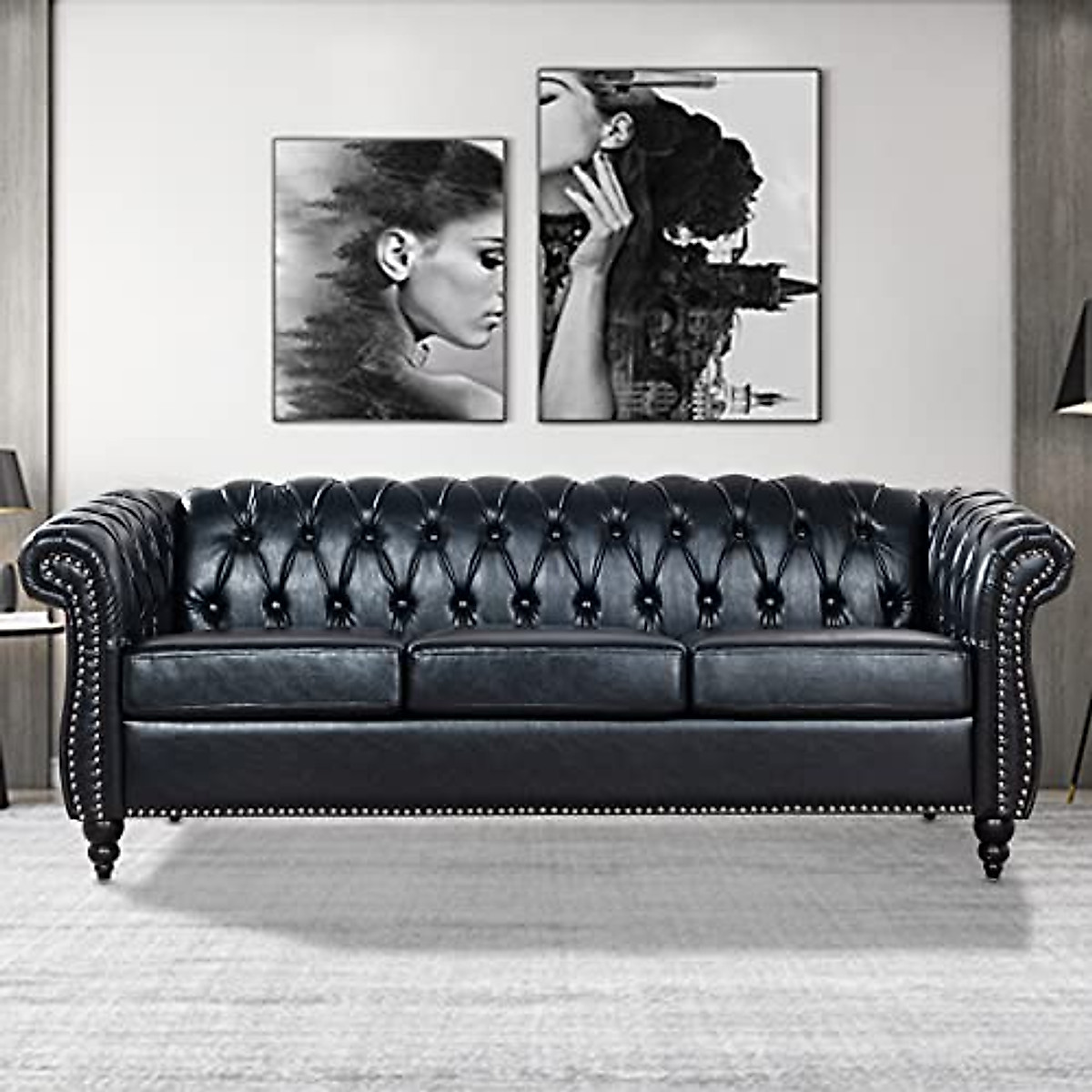 Vaztrlus Chesterfield Sofas for Living Room, Rolled Arm 3-Seater Leather 84" Large Couch Deep Button Nailhead Tufted Black Upholstered Couches for Bedroom, Office Apartment Easy to Assemble