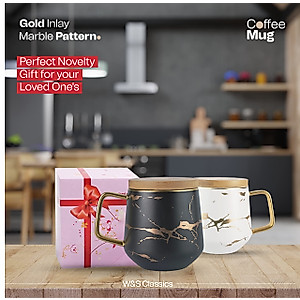 Classic Ceramic Kintsugi Style Black Coffee Tea Mug with Gold Inlay, Spoon and Bamboo Lid- 12 OZ, Large Mugs for Men and Women, Unique Design, Perfect Novelty Gift- Dishwasher Safe