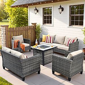 XIZZI 5 Pieces Outdoor Wicker Patio Furniture Set, All-Weather Rattan Conversation Set with Cushions, Ideal for Garden, Patio, or Backyard, Grey Wicker Grey Cushion