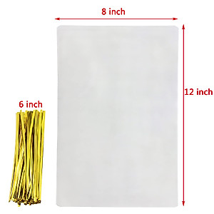 Mini Skater 8" x 12" Clear Treat Bags OPP Cello Cellophane Flat Bag With 50Pcs Gold Color Twist Ties For Wedding Gift Candy Cookie Bakery Bread Dessert, 50Pcs