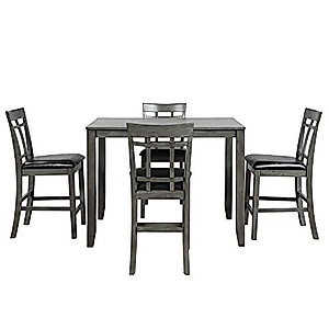 CKLMMC 5 Piece Vintage Dining Table Set, Wood Rectangular Counter Height Bar Table with 4 Leather Upholstered Chairs,Kitchen Furniture Set for Dining Room, Pub and Bistro