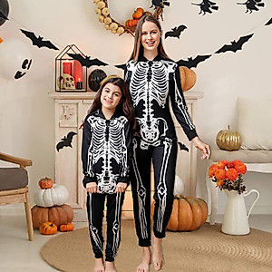 ANGELGGH Family Matching Halloween Onesie Pajamas, Funny Skeleton Printed Hooded Zippered PJs Holiday Loungewear for Men/Women (Youth, 6-8T, Skull)