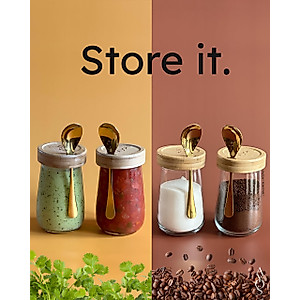 AYOS Premium Overnight Oats Containers with Bamboo Lids and Golden Spoons - 16 oz Glass Jars - 4 pack - Plastic Free