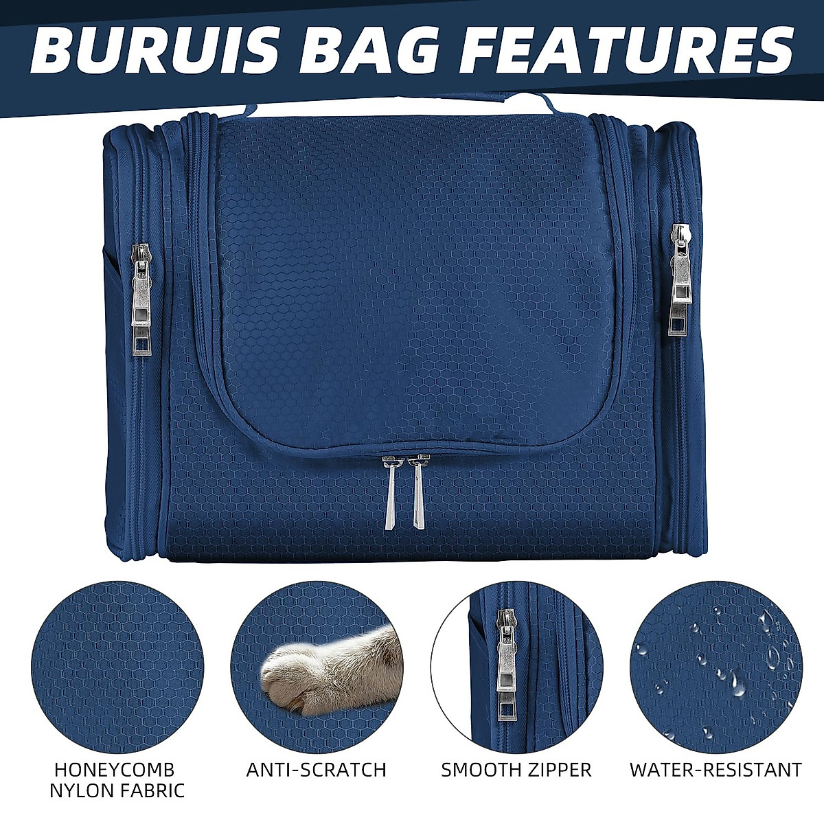 Buruis Large Capacity Toiletry Bag for Women and Men, Hanging Toiletry Organizer Cosmetics Makeup Bag, Water-resistant Dopp kit Shaving Bag for Full Sized Toiletries, Travel Essentials (Blue)