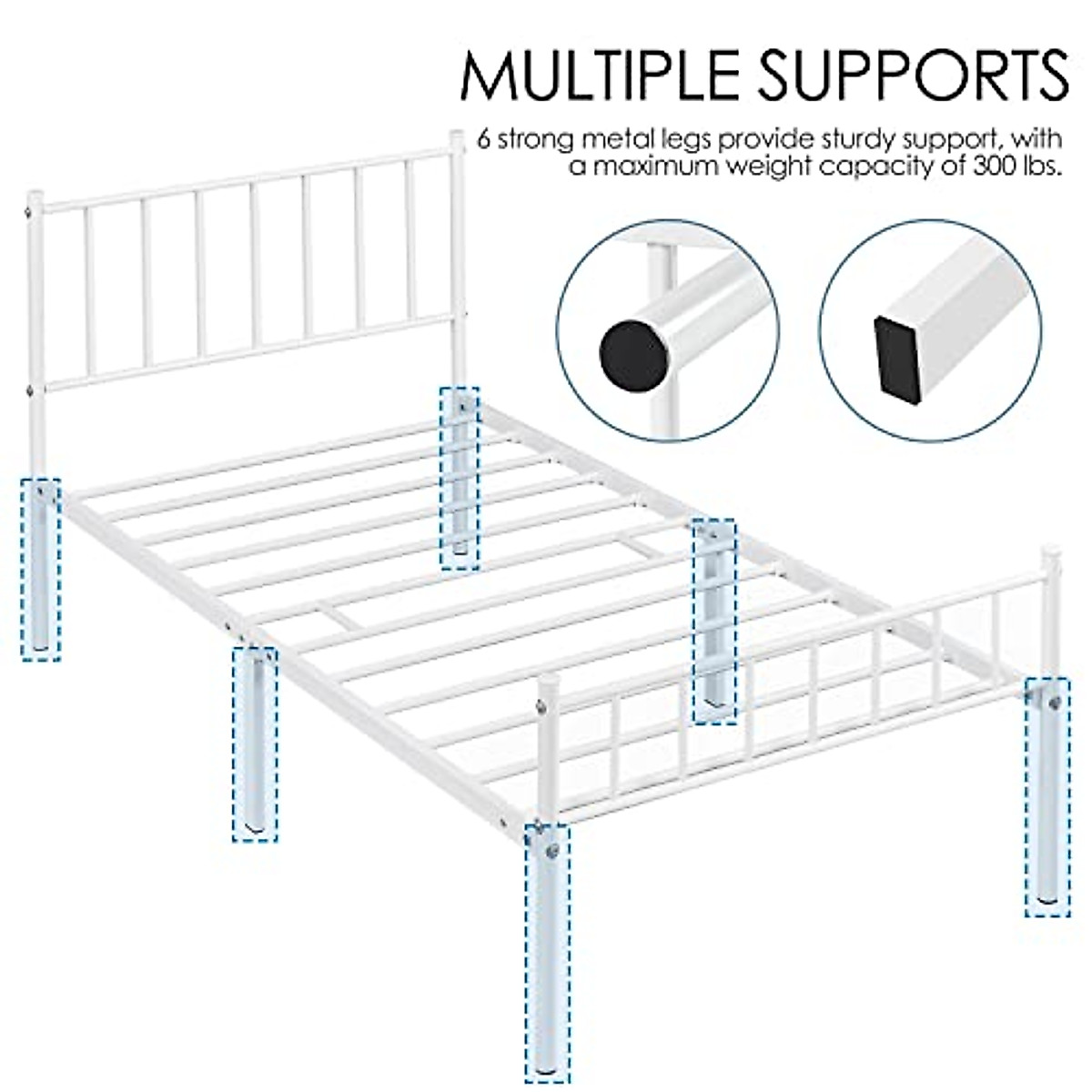 Topeakmart White Metal Twin Size Bed Frame with Headboard and Footboard, White Platform Bed Frame Twin, Heavy Duty Steel Salt Metal Bed Frame, No Box Spring Needed, Anti-Slip Metal Bed Frame, White