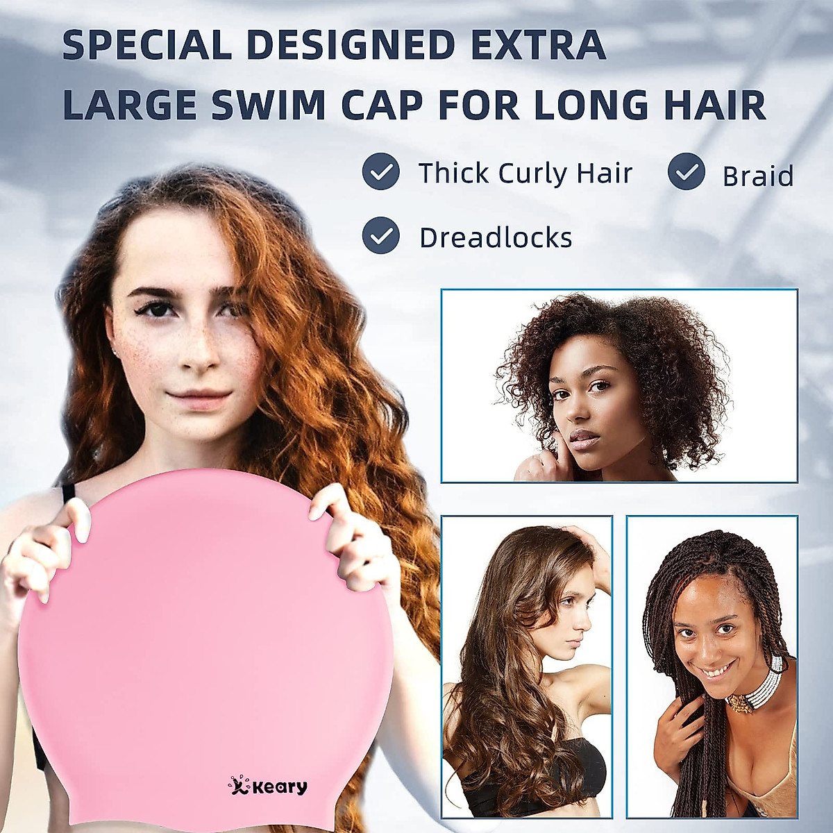 Extra Large Swim Cap for Braids and Dreadlocks Afro Hair Extensions Weave Long Hair, Waterproof Silicone Cover Ear Bath Pool Shower Swimming Cap for Women Men Youth Kids Girl , Pink, One size