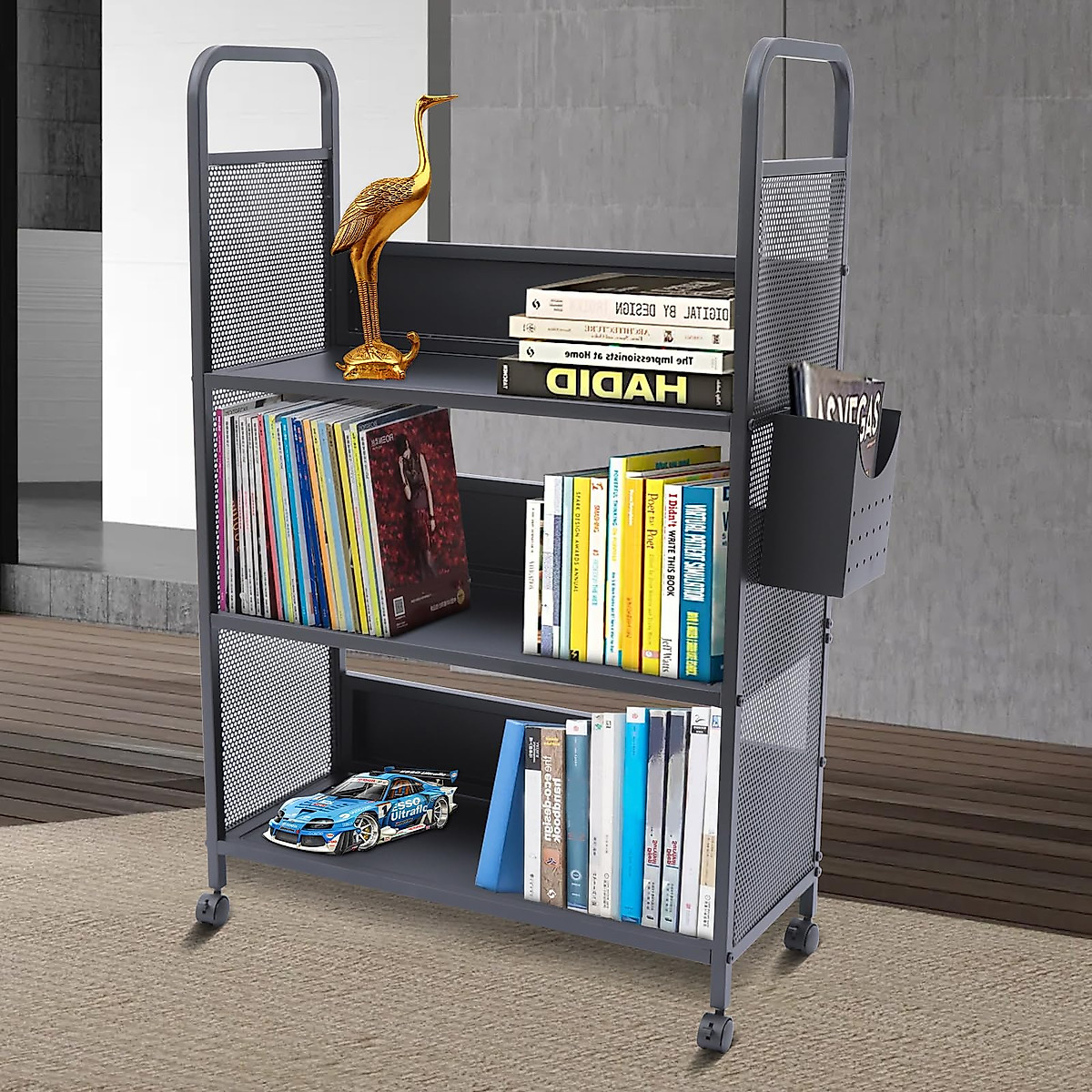 DDBESSIC Rolling Book Cart, 3 Tier Book Rack Storage Bookshelf with 3 Flat Shelves, Movable Bookcase with Wheels Utility Organizer Cart Side Literature Rack