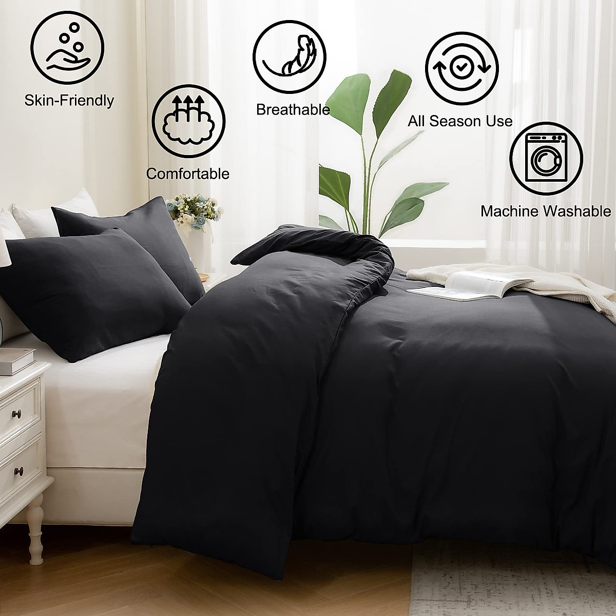 mafudoxi Twin Duvet Cover Set, Soft and Breathable Duvet Cover Twin Size, Duvet Cover Set with Zipper Closure & Corner Ties,1 Duvet Cover 68"x90" & 1 Pillow Cases, Black