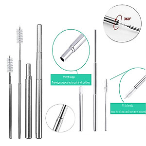 Hoshen Reusable Three-Section Foldable Metal Straw, Portable Telescopic Straw, Including Brush and Small Carabiner (Aluminum Alloy Shell), Black, 2 PCS