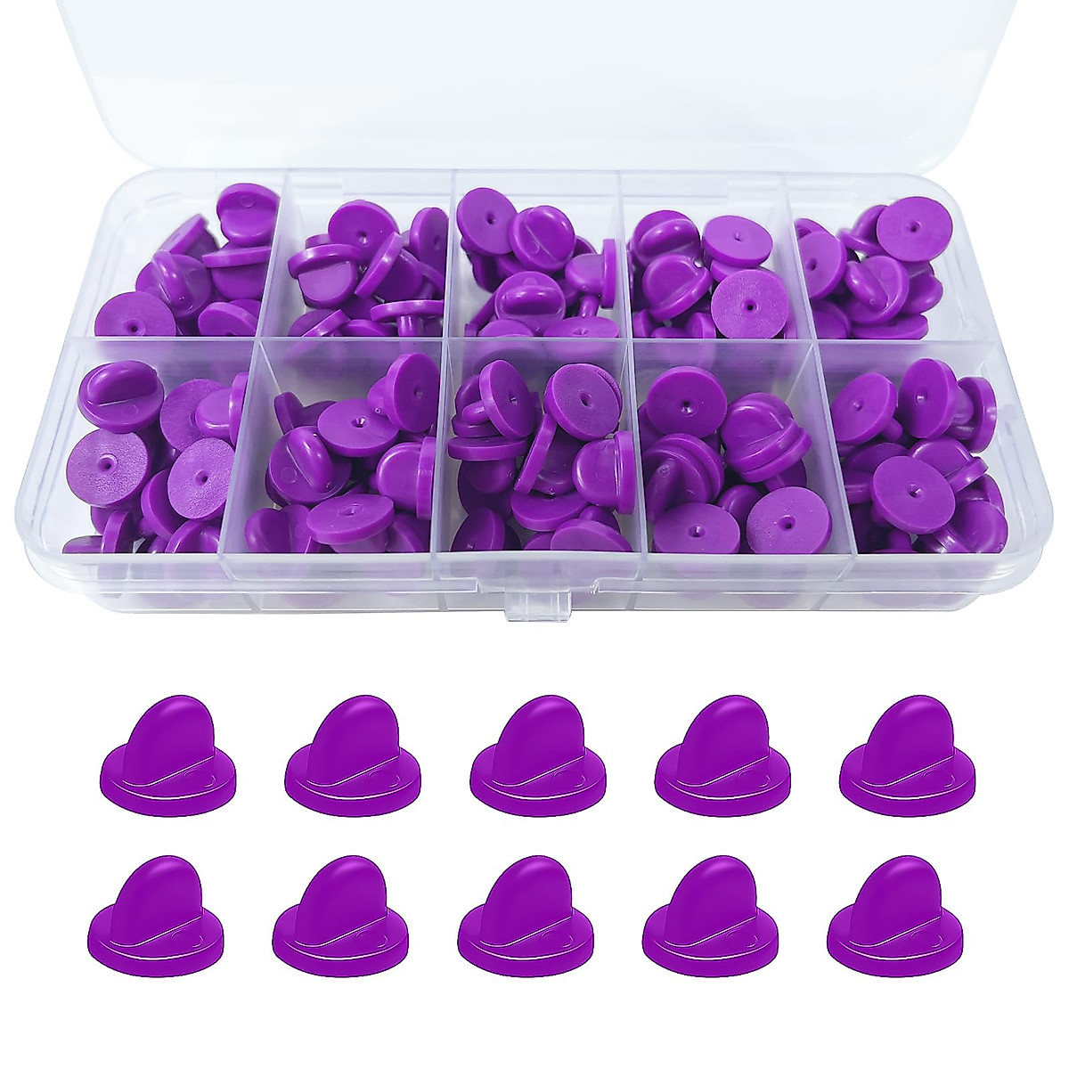 DUFEIMOY 150Pcs Rubber Pin Backs Locking, Locking Pin Backs with Storage Case, Pin Backs Pin Keepers for Brooch Tie Hat Badge Insignia, Purple Silicone Pin Locks