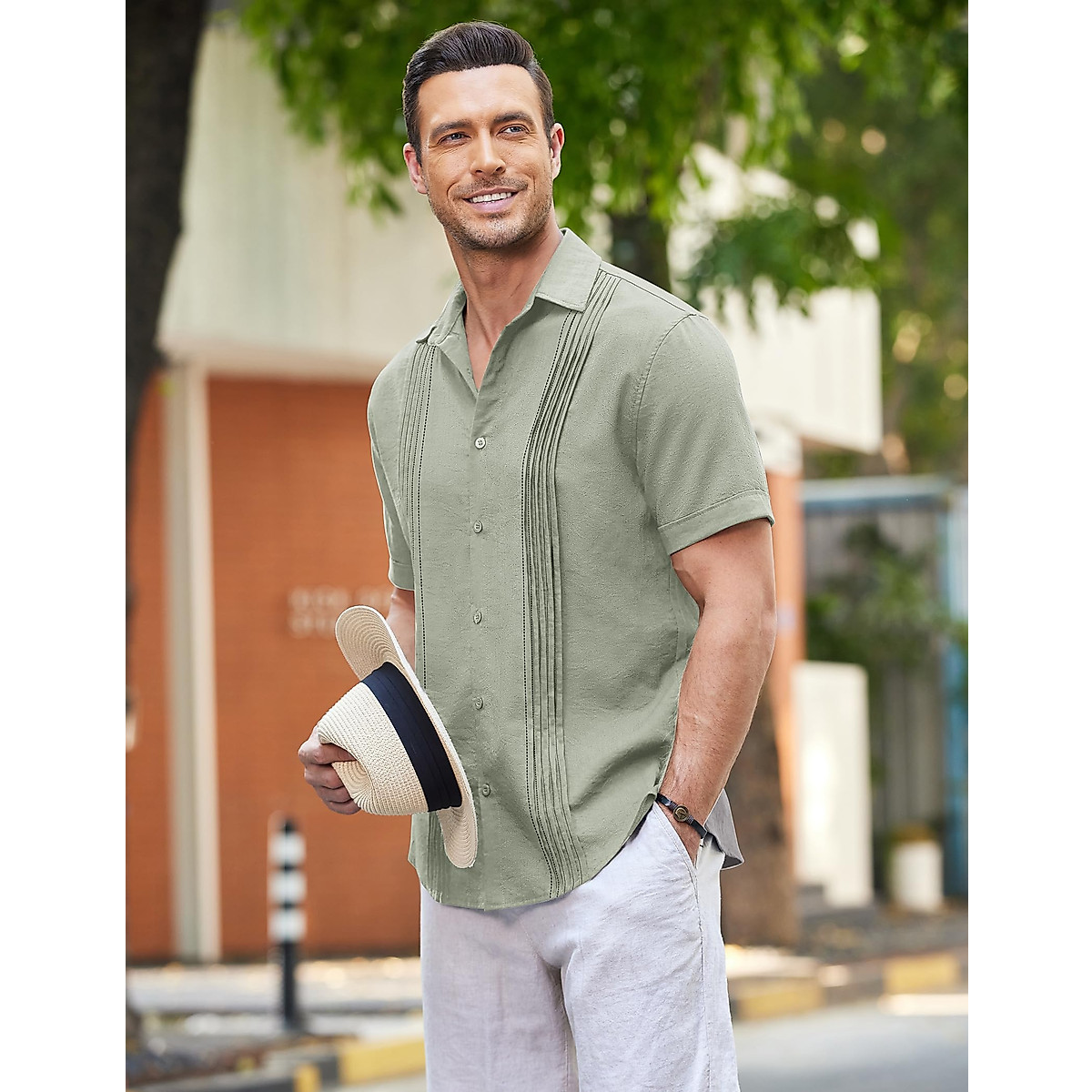 COOFANDY Cuba Shirt Linen Beach Shirts Mexican Wedding Dress Shirts Cabana Shirt Light Green