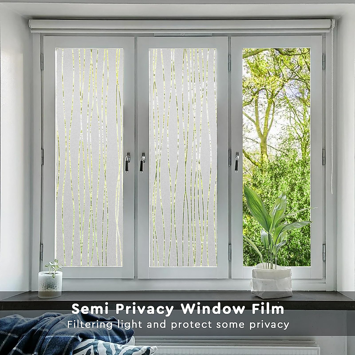 NINETREX Window Privacy Film Frosted Glass Window Film Sticker Decorative Coverings Non-Adhesive Heat Anti-UV for Home Office Living Room,Stripe Patterns，17.5 x 78.7Inches