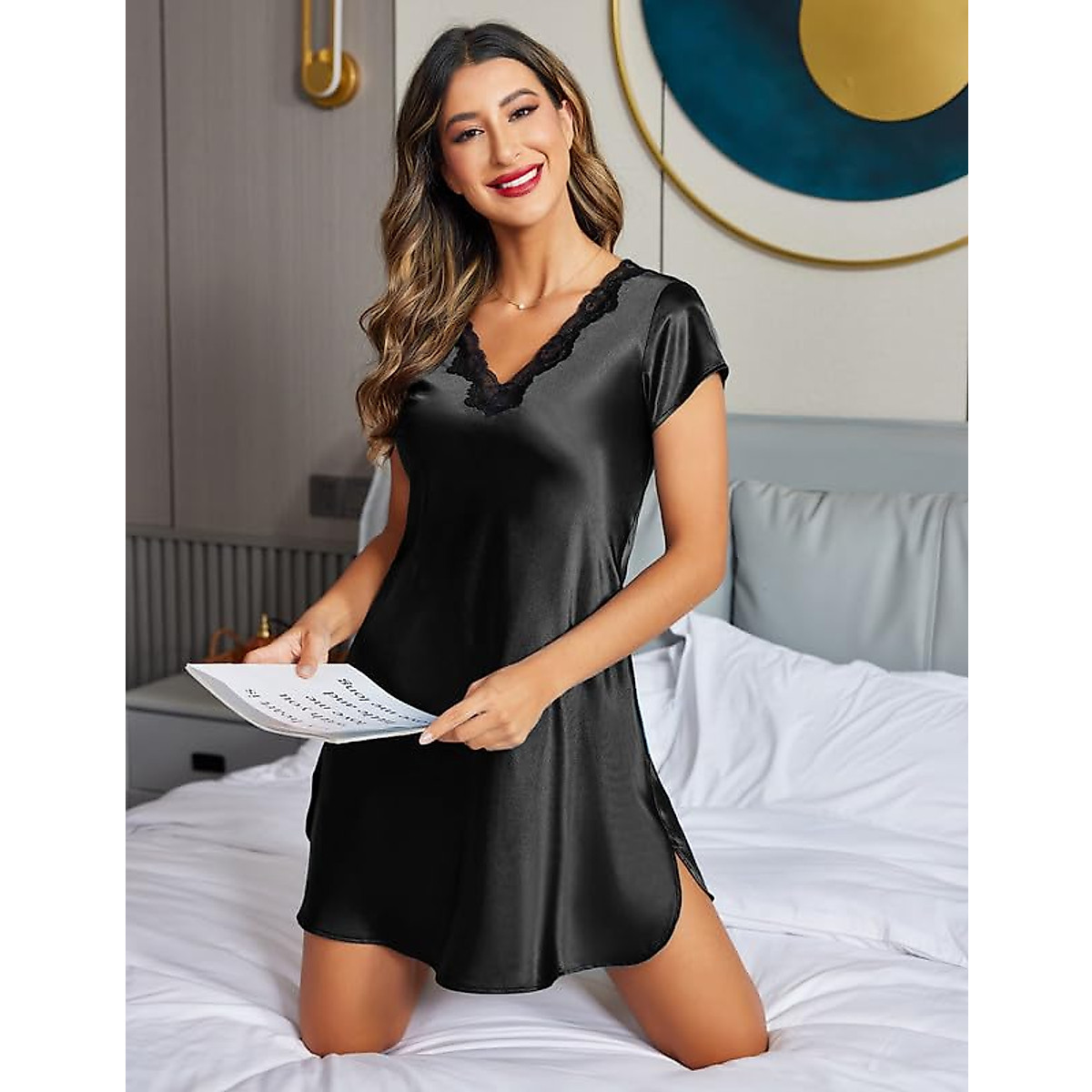 Ekouaer Women's Satin Nightgown Sleepwear Lace V Neck Side Slits Nightie Short Sleeves Nightshirt (Black,S)
