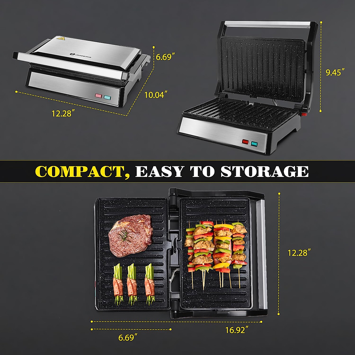 Aigostar Panini Press, 1200W Sandwich Maker and Electric Indoor Grill with Ceramic Non-Stick Coated Plates, Opens 180°to Fit Any Size of Food, Stainless Steel Surface & Removable Drip Tray, Silver