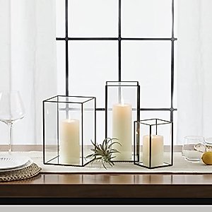 Set of 3 Square Glass Hurricane Candle Holders, Clear Glass Framed in Vintage Brass, Pefect for Spa, Hotel, Festival, Home Decoration,(Bronze Fram Finsh)