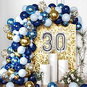 Navy Blue Silver Happy Birthday Party Decorations Set for Men Boys Women Girls, Banner, Crown Balloon, Fringe Curtains, Cake Topper for 1th 16th 18th 30th Party Supplies((blue 30)