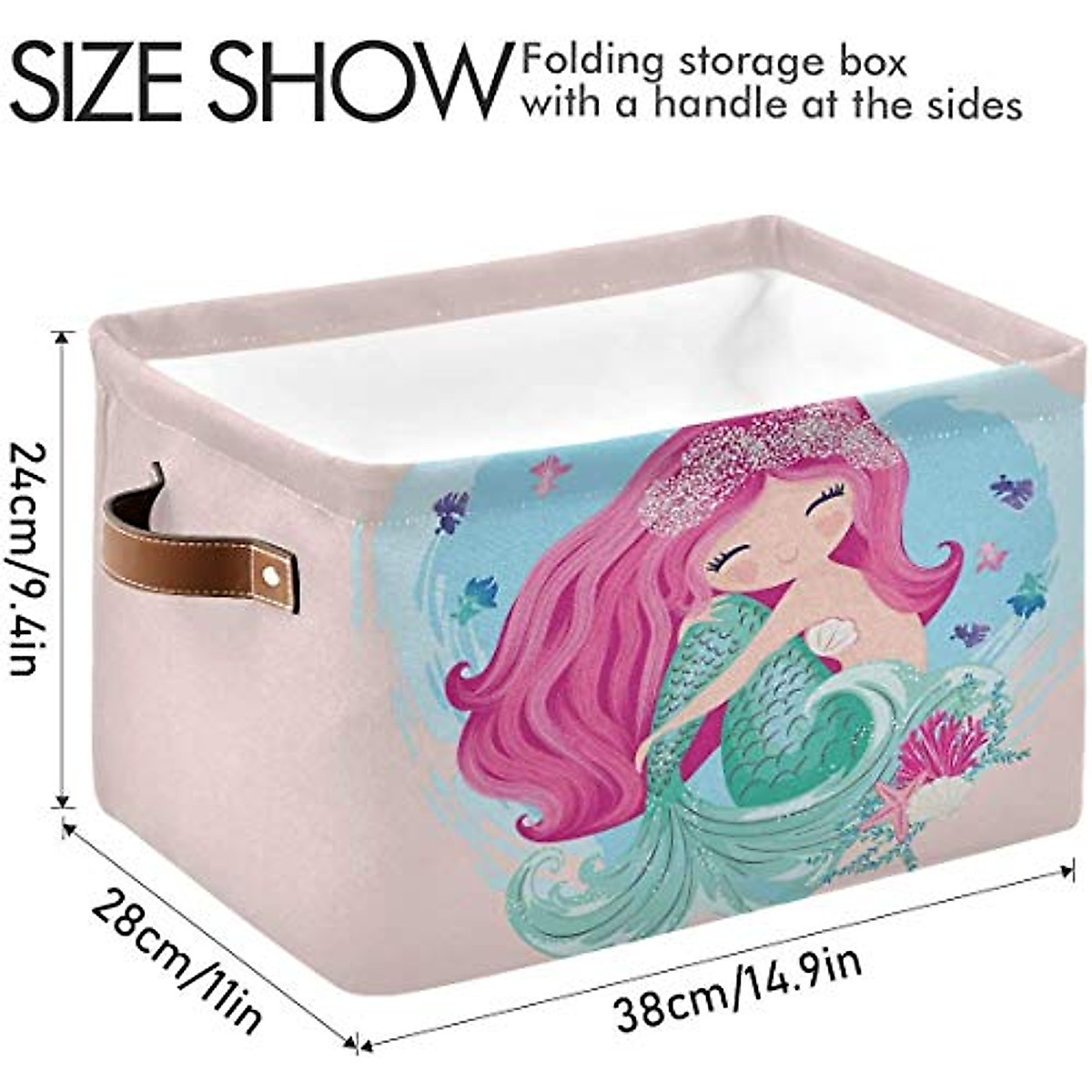 Moudou Mermaid Laundry Basket Square Collapsible Laundry Hamper Clothes Toys Storage Bin with Handles for Bedroom, Closet, Nursery, Dorm, Home Decor