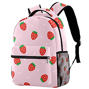 JAVENPROEQT School Backpack For Girls Boys, Kawaii Strawberry Pink Patterns Casual Bookbag With Water Bottle Pocket
