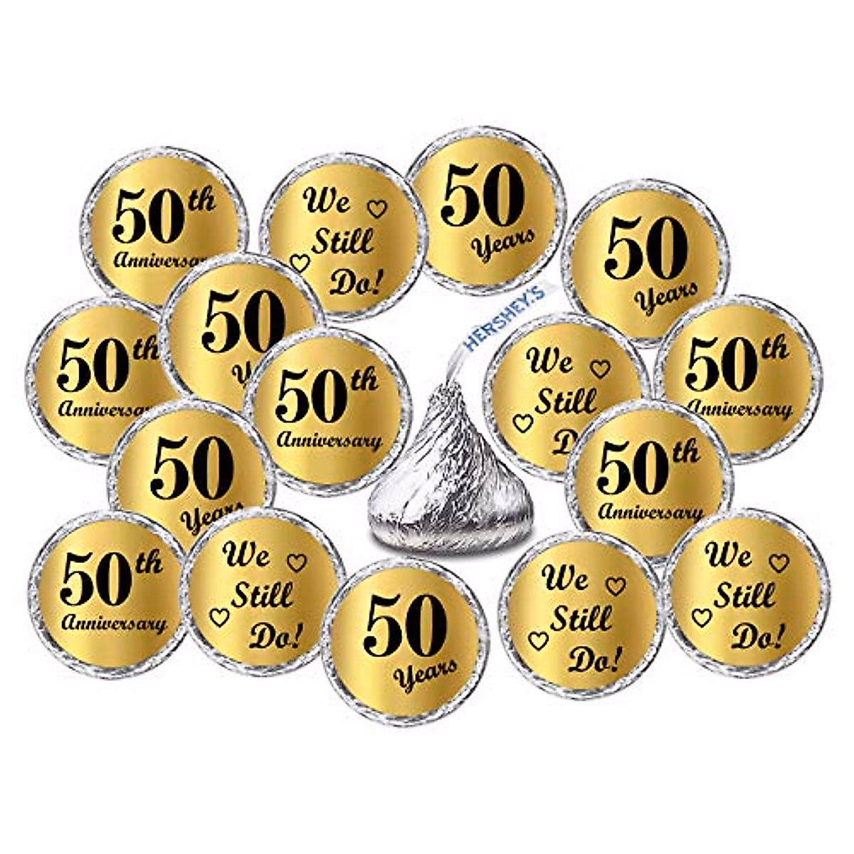 Gold Foil 50th Anniversary Kisses Stickers, (Set of 216) Chocolate Drops Labels Stickers for 50th Wedding Anniversary, Party Favors Decor for Kisses