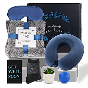 Get Well Gifts For Men,Care Package For Men With Cozy Blanket|Memory Foam Pillow|Stress Ball|Socks|Eye Mask|Thinking Of You Greeting Card|Little Plant,Get Well Soon Gift Basket for Dad|Husband|Brother