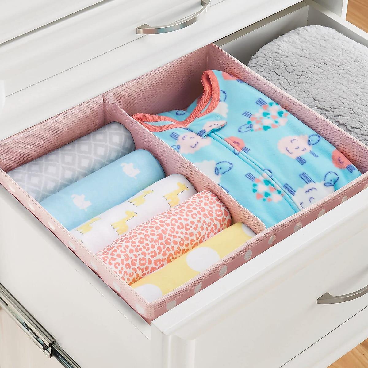 mDesign Fabric Drawer Organizer Bins, Kids/Baby Nursery Dresser, Closet, Shelf, Playroom Organization, Hold Clothes, Toys, Diapers, Bibs, Blankets, Set of 2, 6 Pack, Pink/White Polka Dot