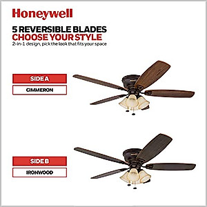 Honeywell Ceiling Fans Glen Alden, 52 Inch Classic Flush Mount Indoor LED Ceiling Fan with Light, Pull Chain, Quick-2-Hang Dual Finish Blades, Reversible Motor - 50183 (Oil Rubbed Bronze)