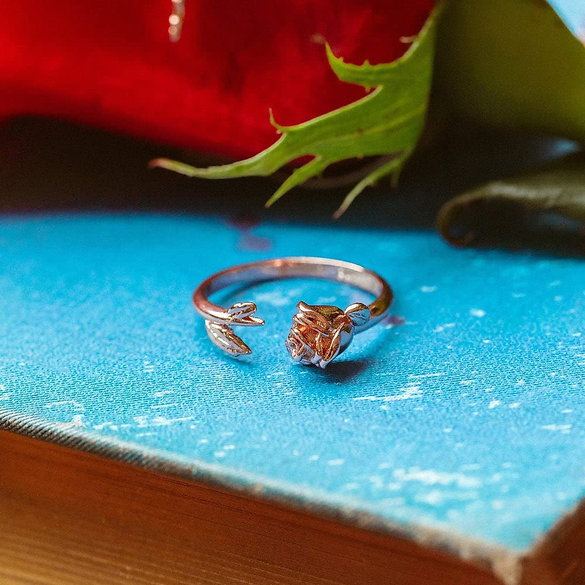 Pura Vida Rose Gold-Plated Disney Belle Rose Open Ring - Rosebud Charm, Brass Base - Size 5