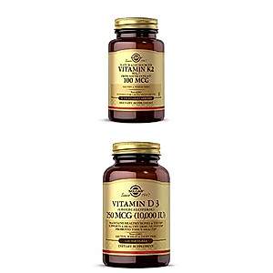 Solgar Vitamin K2 (MK-7) 100mcg, 50 Vegetable Capsules - Supports Bone Health + Solgar Vitamin D3 (Cholecalciferol) 250 MCG (10,000 IU), 120 Softgels - Immune System Support