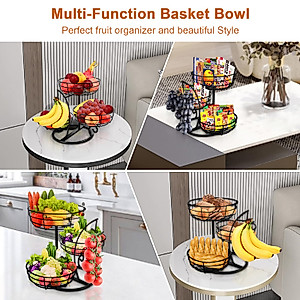 Livabber Fruit Basket Bowl with Banana Hanger, Fruit Vegetable Storage Basket with Banana Tree Holder for Kitchen Counter, Detachable Organizer for Bread Snack Produce (Black, 3-Tier Metal Base)