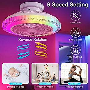 EIDEARAY 20" Low Profile Ceiling Fan with Light Bladeless RGB Ceiling Fans with Bluetooth Speaker 6 Wind Speeds Flush Mount Fan Light with Remote Control & App for Bedroom Living Room Dining Room