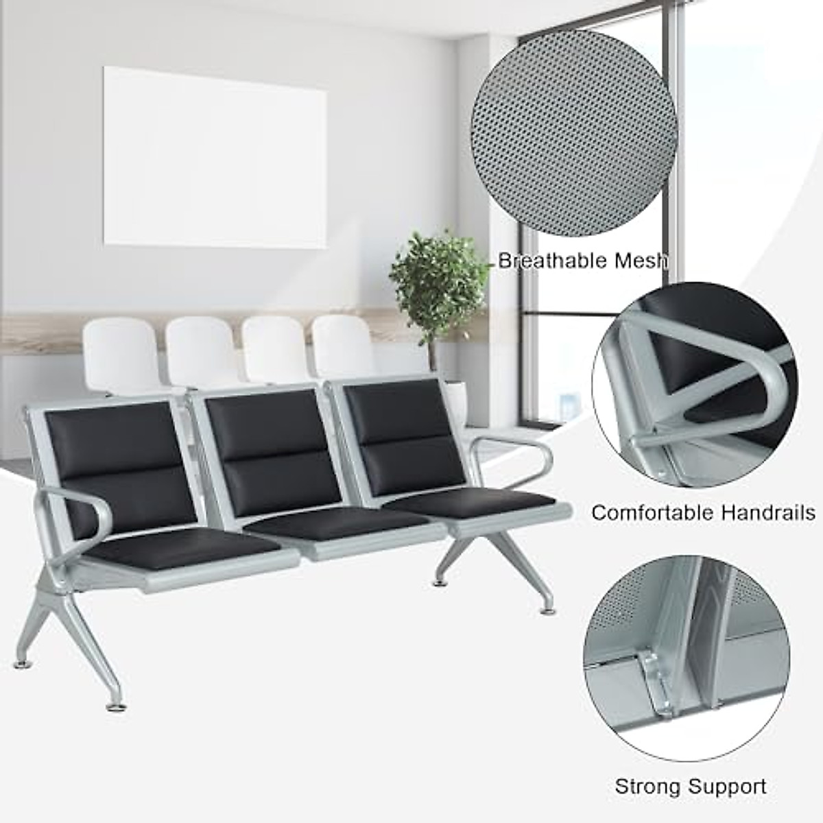 JSUN7 3 Seat Airport Reception Chair, Waiting Room Chairs with Arm, Black Leather Waiting Room Benches, Office Guest Chairs for Lobby Airport Salon Barber Shop Bank and Market, Set of 3