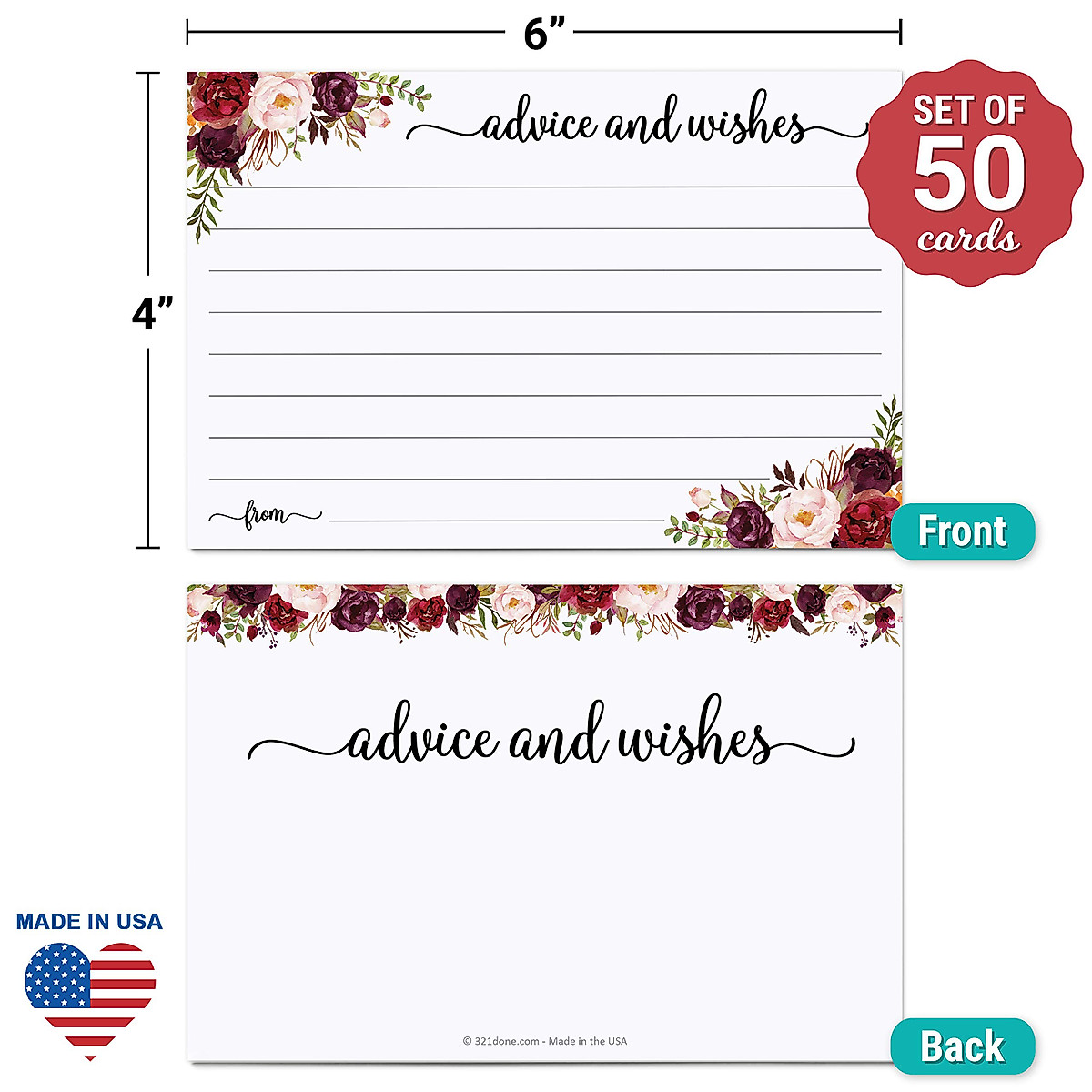 321Done Advice and Wishes Cards (50 Cards) 4" x 6" Red Watercolor Floral Roses for Wedding, Bridal, Retirement, Graduation, Anniversary - Made in USA - White