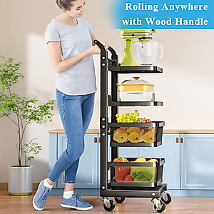 4 Tier Rolling Cart, Hanging Adjustable Utility Cart for Kitchen Pot Holder Office Laundry Bathroom, Black
