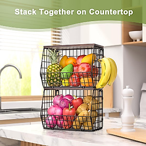 2 Tier Fruit Bowl Fruit Basket for Kitchen Counter Stackable Wall Mounted Hanging Basket Wire Baskets with Wood Lid with 4 Banana Hanger Hooks, Onion Basket, Fruit and Vegetable Storage