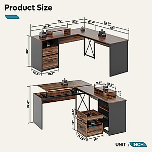 Bestier Lift Top L Shaped Desk with File Drawer, 55'' x 55'' Office Desk with Reversible Storage Drawers, L Shaped Standing Desk with Computer Monitor Stand (Walnut, 55'' x 55'')