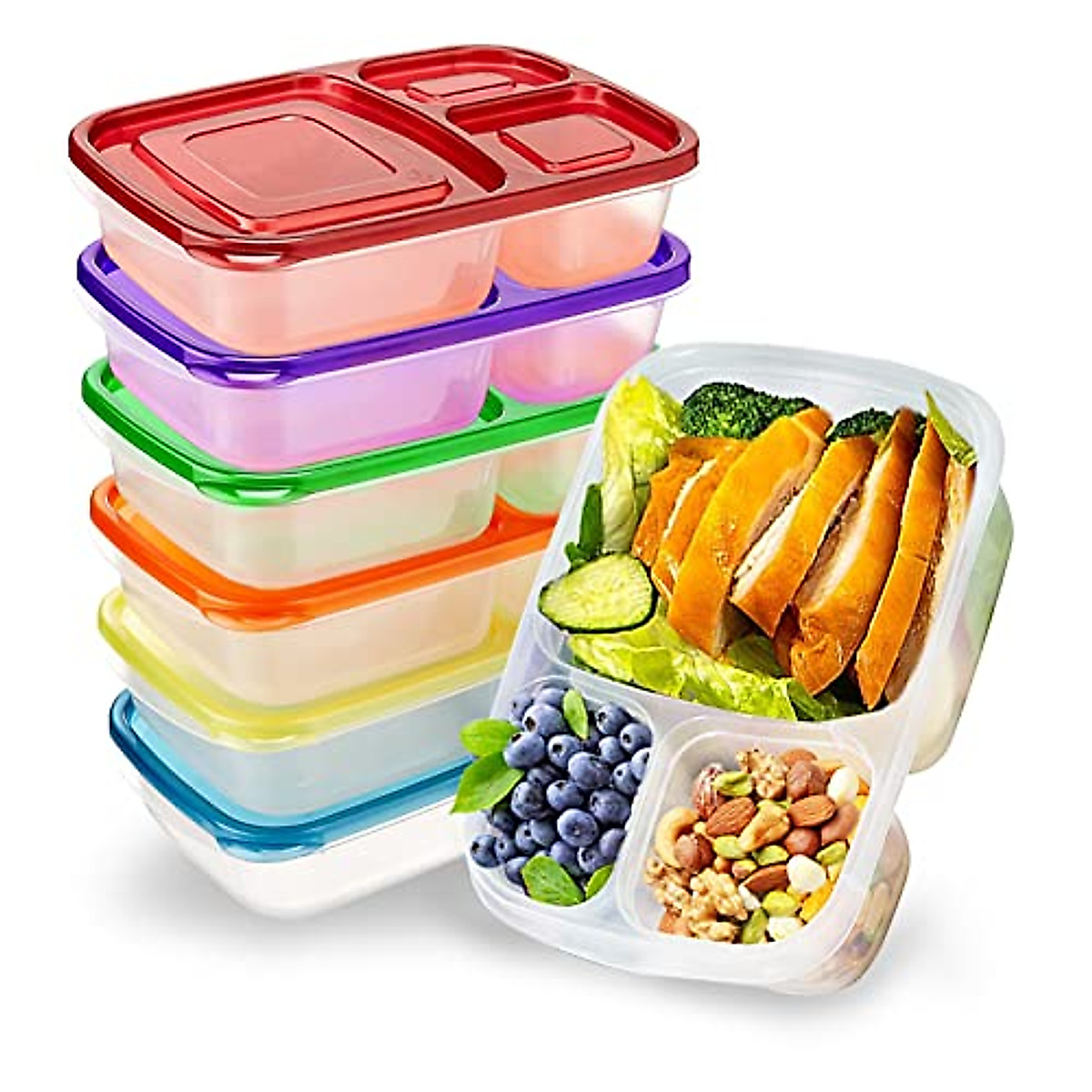 Vonhen 7 Pack Bento Lunch Boxes Reusable 3 Compartment Meal Prep Containers - Leakproof Lunch Container with Lids for Work, and Travel